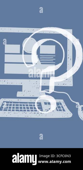 Animation of question marks icons over computer. Global business and ...