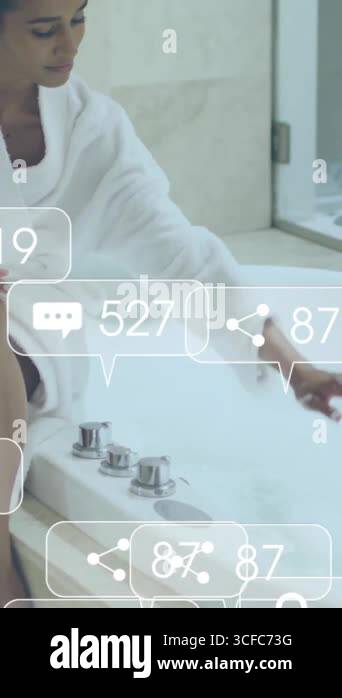 Animation of social media notifications over woman in robe running bath ...