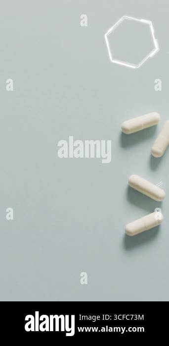 Animation of dna strand diagrams over pills. Medicine, healthcare ...