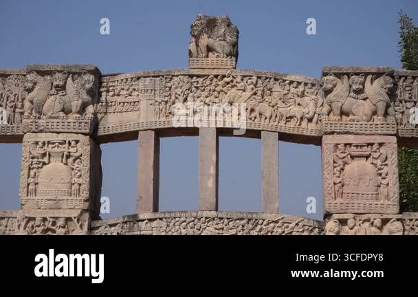 Detail of entrance of the Great stupa, Sanchi, World Heritage Site ...