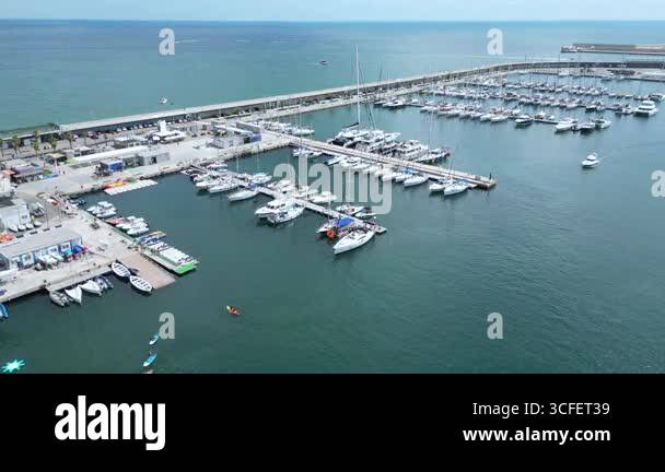 Aerial drone view of Marina Valencia with boats, yachts, and waterfront ...