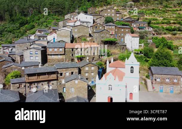 Aerial view of traditional stone houses in Piodao mountain village ...