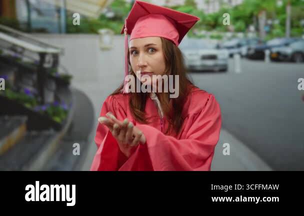 Young woman wearing graduation gown stands outdoors on a city street ...