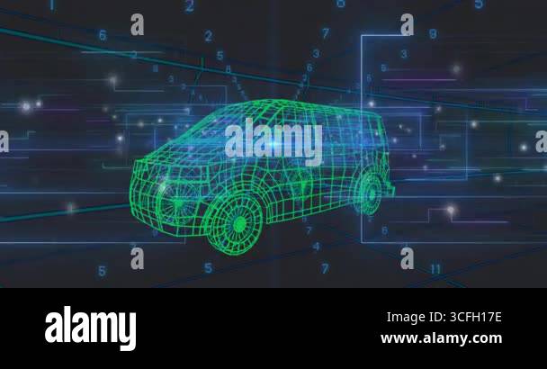 On simulation start green 3D wireframe car highlighting edges and ...