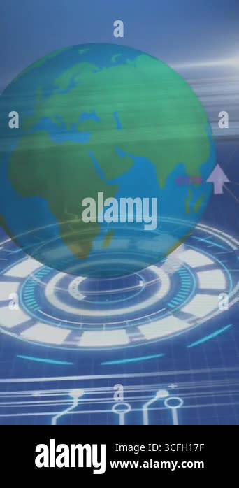 Animation of data processing on screens and scopes scanning over planet earth. data processing ...