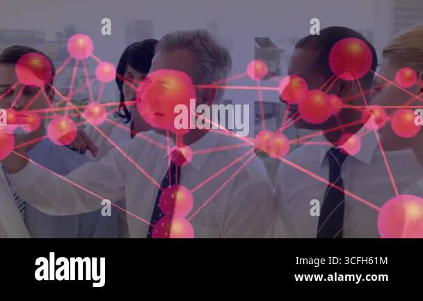 Senior executive raising stylus toward business data network overlay as ...