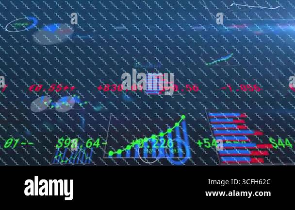 Starting with dark grid watermark finance UI animating bars rising ...
