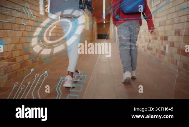 Students stepping onto tiled school corridor floor, activating HUD ...