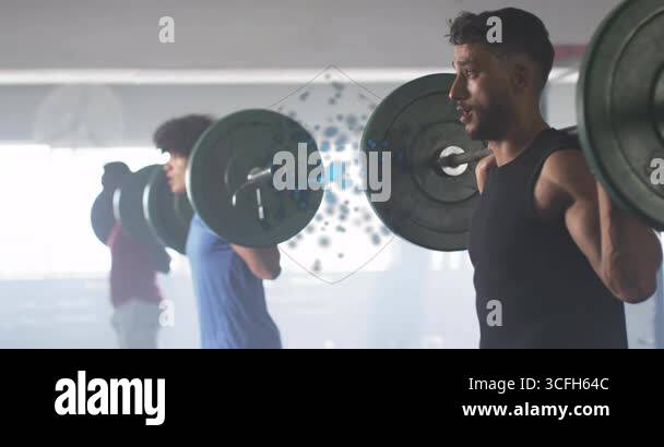 Two men syncing back squats in gym, activating cloud security animation ...