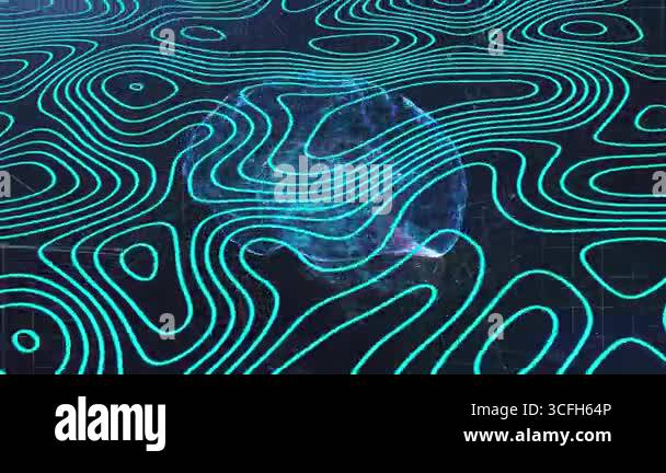 Upon opening dark grid, turquoise contour lines floating over rotating ...