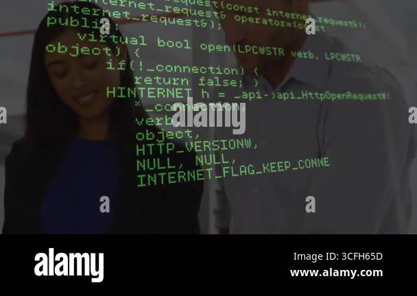Technology team examining overlaid code initiating API call on phone and reviewing data ...