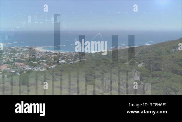 Aerial shot activating overlay over hillside with bars adjusting and line graph showing trends ...