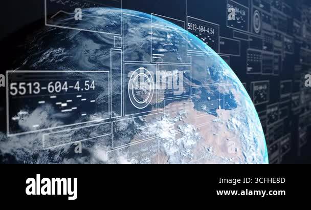 Earth globe appearing right initiating grid forming and numeric panels ...