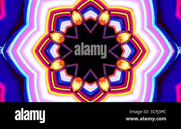A vibrant, kaleidoscopic pattern featuring bright colors and symmetrical shapes, creating a ...