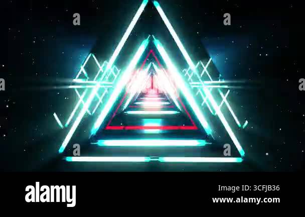 3 d illustration. neon glowing triangles of a tunnel of the future ...