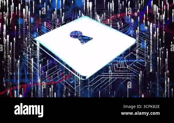 Digital circuits activating glowing 3D padlock rotating while tilting ...