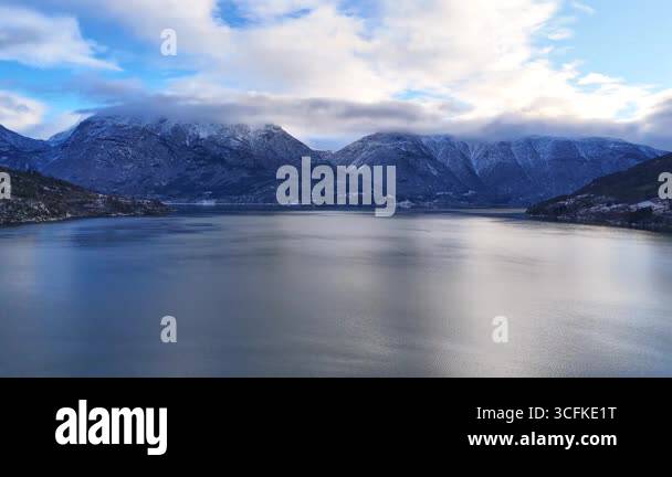 Scenic winter fjord in Gaupne Norway with mountain reflections Stock ...