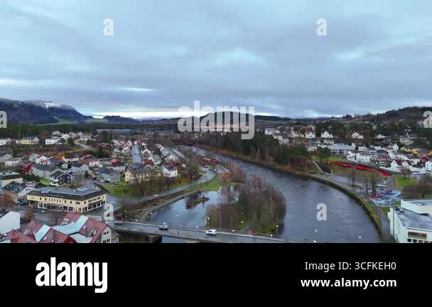 Drone view of river bridge and residential area in Steinkjer Norway ...