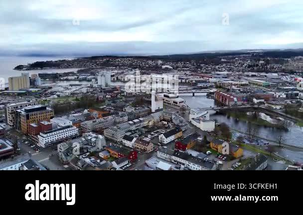 Drone view of river bridges and fjord coastline in Steinkjer Norway ...