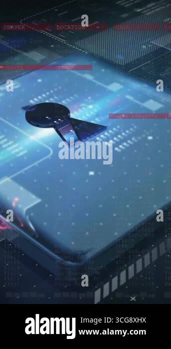 Animation of security padlock and data processing over navy background ...