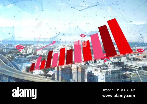 Holding steady, 3D red bars sliding and growing, arrow rising and Wi-Fi ...