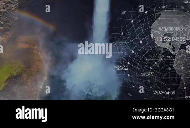 Activating globe visualizing over waterfall rainbow forming rotating ...