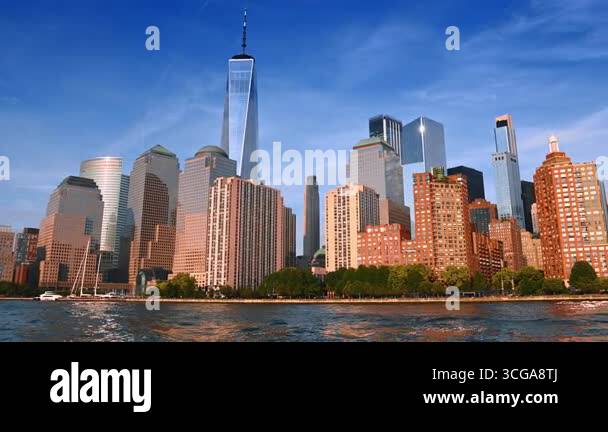 Modern gorgeous buildings at the waterfront of river. Low angle view at ...