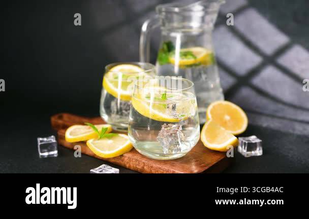 Refreshing lemon infused water with fresh mint and ice cubes is served ...