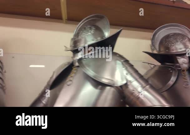 Rome, ITALY, JULY 30th, 2025 - Shiny metal suits of armor with helmets ...