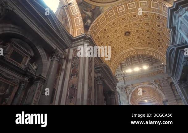 Rome, ITALY, JULY 30th, 2025 - Upward view of coffered arch ceiling ...