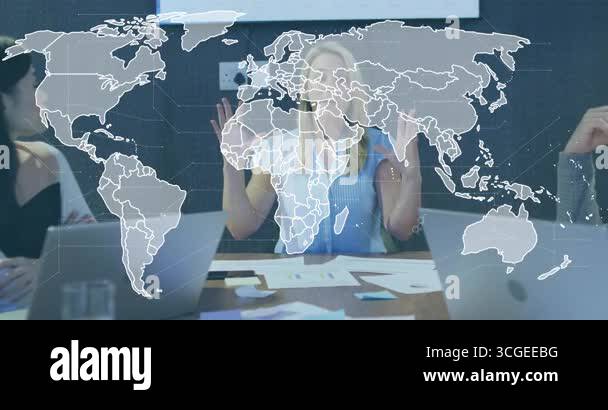 Business presenter highlighting global reach by initiating world map ...
