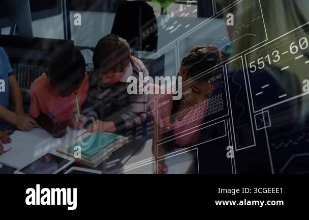 Teacher gesturing toward students in class while data panels fading ...