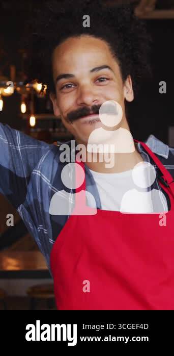 Animation of profile icons flowcharts, smiling male barista standing at ...