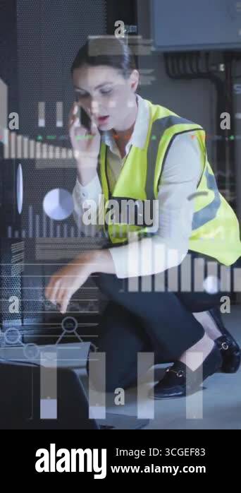 Animation of data processing over caucasian female it engineer by ...