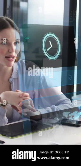 Animation of digital screens with data over caucasian female colleagues ...