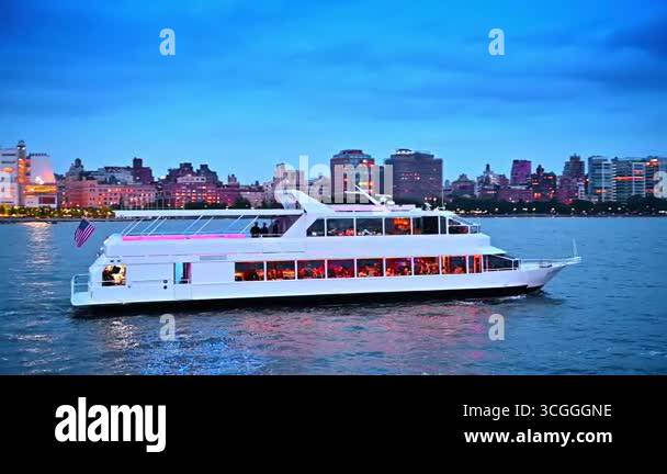 People travel by the modern riverboat by the river in New York, USA ...