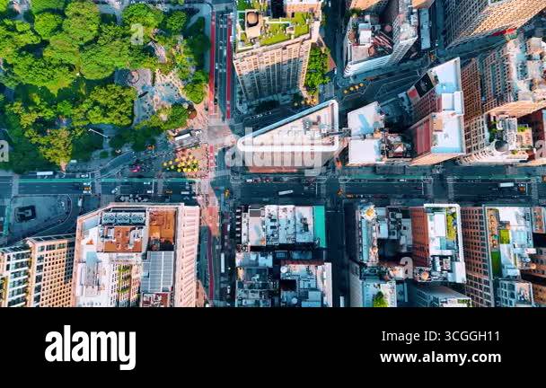 Multiple cars on the Fifth Avenue in New York, USA. Drone footage above ...