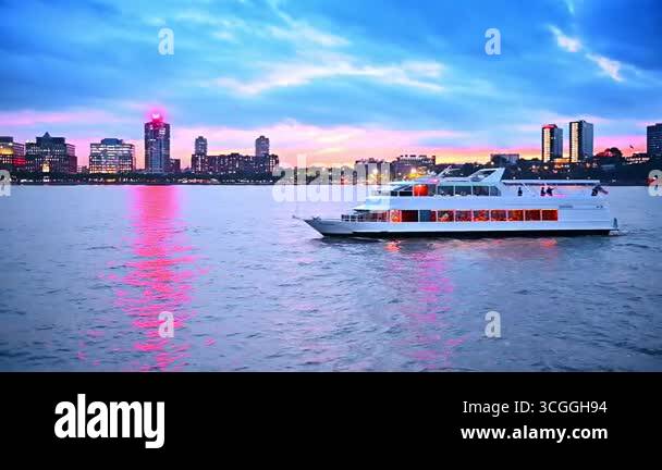 River travel by the Hudson on board of the modern riverboat. Beautiful ...