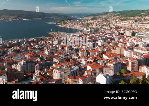 Aerial view of Vigo city center in Pontevedra, Galicia, Spain. Coastal ...