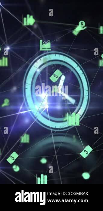 Animation of clock and network of connections over dark background ... Animation of clock and network of connections over dark background ...