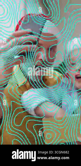 Animation of shapes over caucasian father and sons at christmas. Global ...