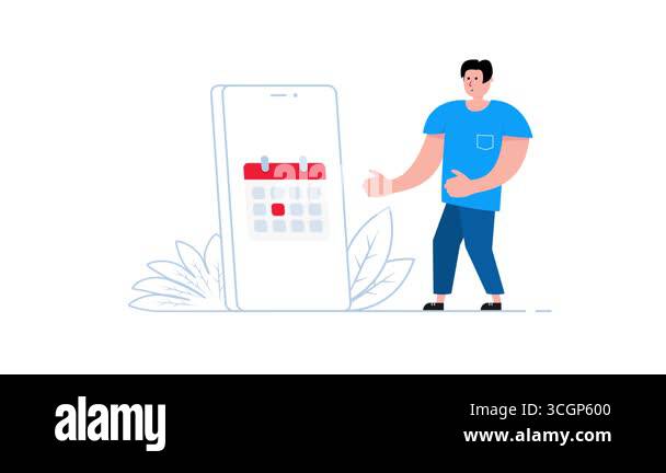 Animation of a man showing a calendar app on a smartphone screen, on ...