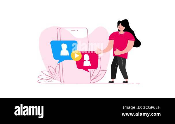 Animated woman presenting video chat on a smartphone, on white and ...