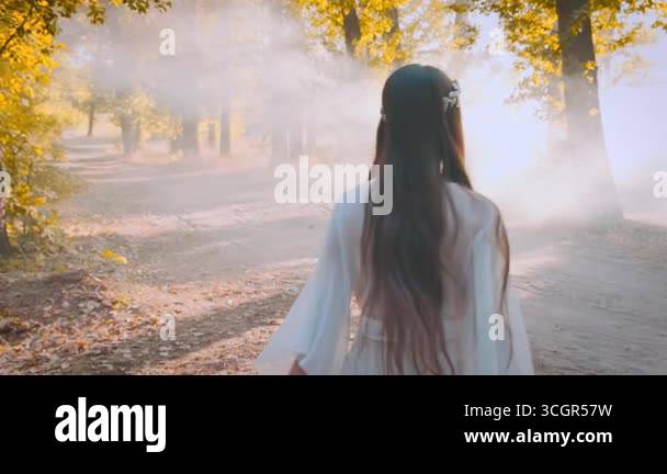 Fantasy woman queen running in autumn forest fog mist backlit Sun ...