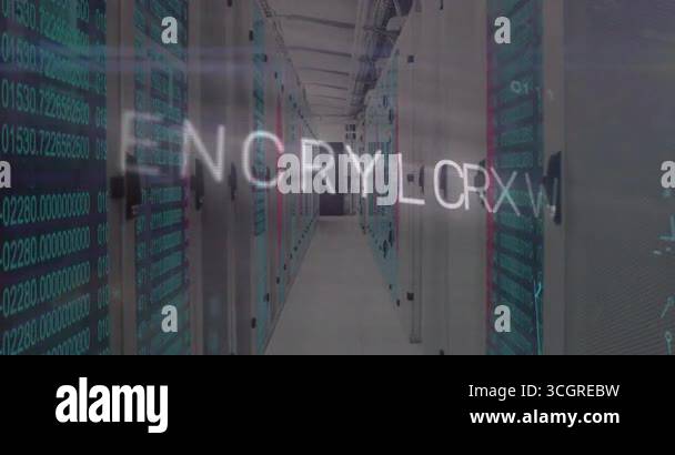 Code streaming through server racks starting encryption text fading glitching, visualizing ...