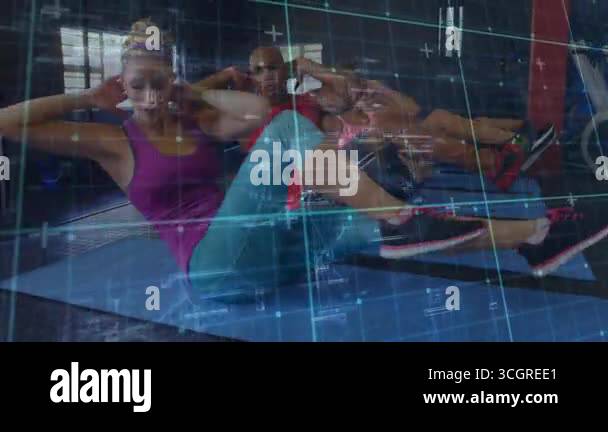 workout group initiating crunching from knees with digital grid overlay ...