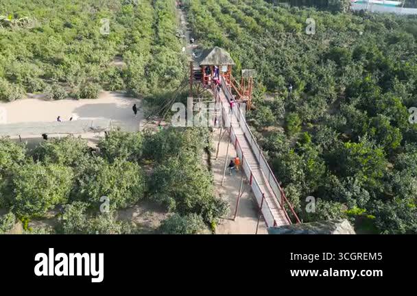 Aerial drone footage of people queuing on a wooden zipline platform ...