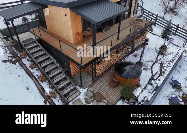 Modern Wooden Cabin With Terrace Stairs Firewood Storage And Outdoor ...
