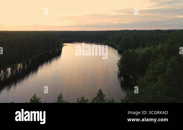 A cinematic aerial shot of a tranquil lake surrounded by a lush forest ...