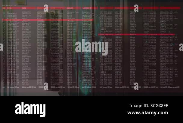 After aisle pan, rotating data hologram on server racks with scanning ...